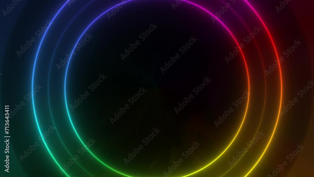 Multicolored neon flying circular neon rings zooming animation tunnel ...