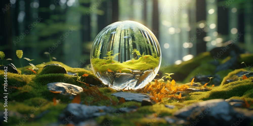 An abstract glass sphere on the forest floor, captivating cityscapes ...