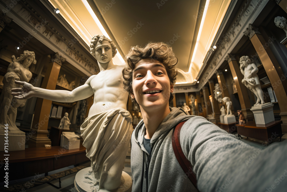 Young man taking a selfie with a statue in a similar pose in a museum ...