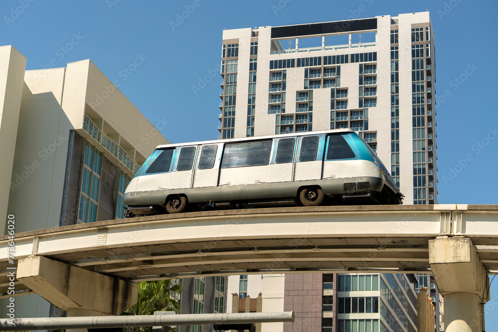 Elevated train for public transportation in Miami city downtown ...