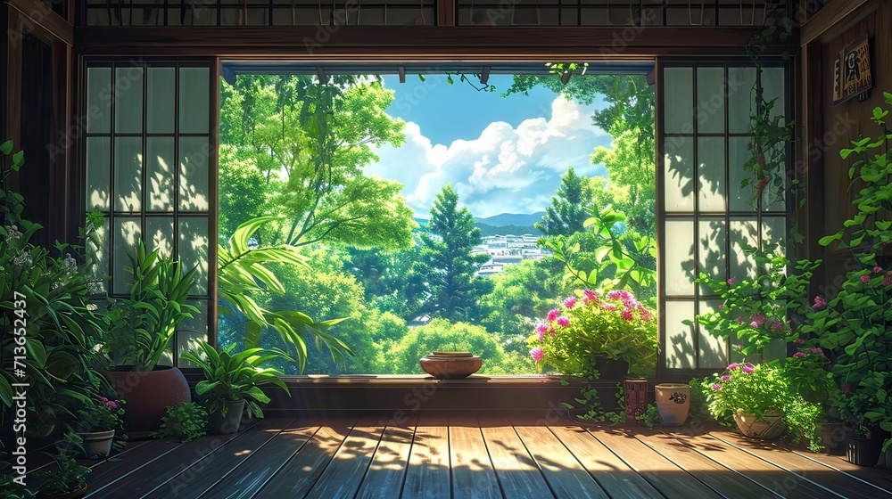 ภาพประกอบสต็อก window in the garden, beautiful anime japan background ...