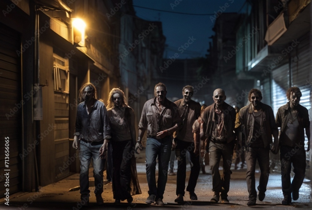 Group of zombies walking on the city back alley at nights from ...