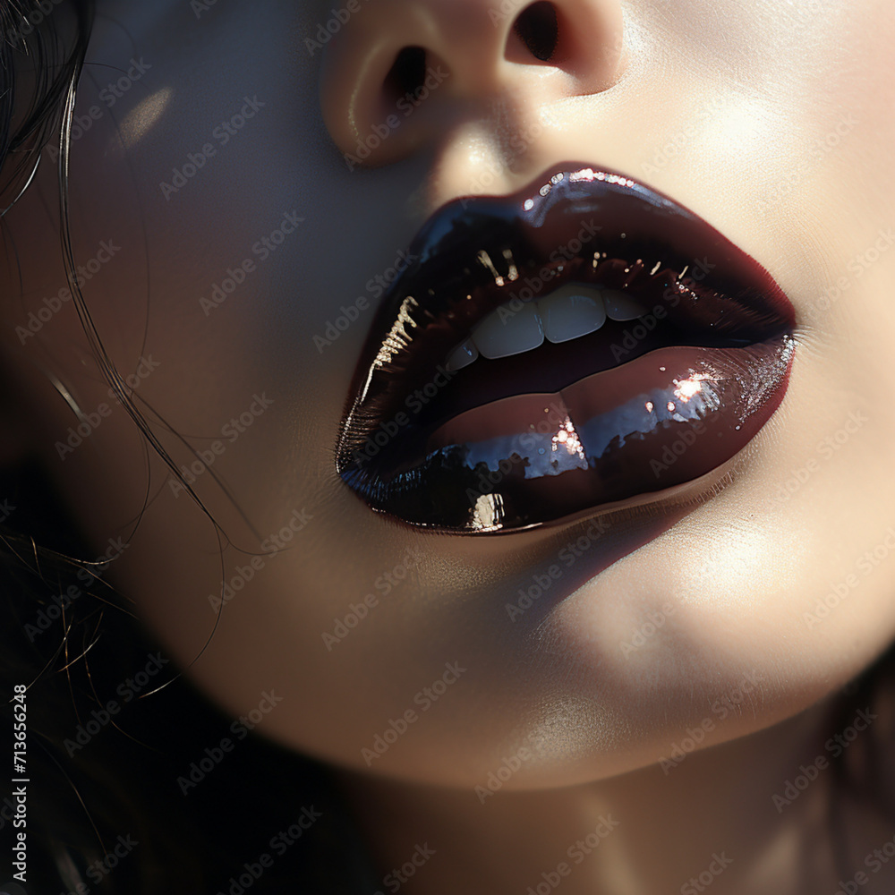 super close up of puffy and pouty glossy red lips, lip gloss, 8k high ...