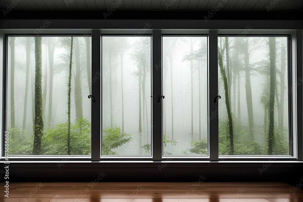 Rainy forests, dark skies, rain outside, raindrops on a square window ...