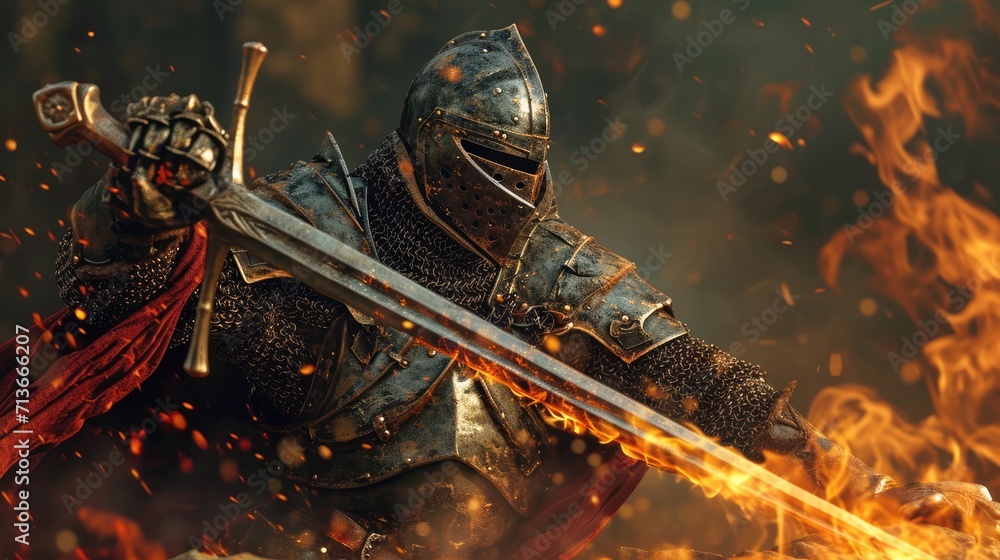 Epic Defender: A Brave Medieval Knight Wielding His Sword Amidst Flames ...