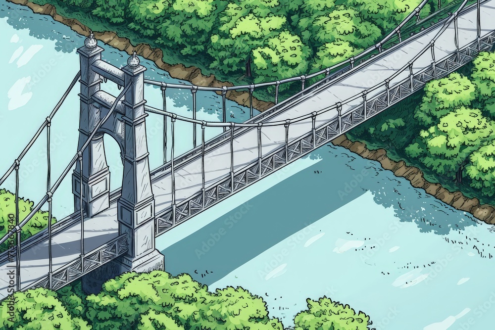 2D Isometric Cartoon Illustration of a Grey Suspension Bridge over a ...