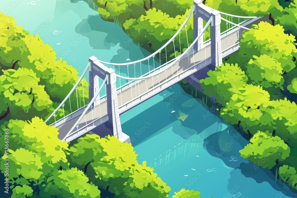 2D Isometric Cartoon Illustration of a Grey Suspension Bridge over a ...