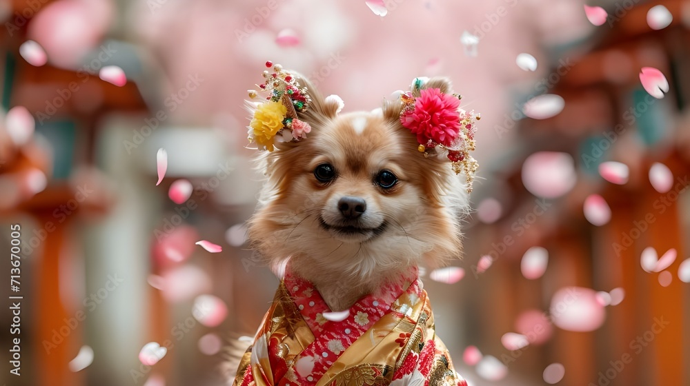 Cute chihuahua puppy wearing beautiful traditional kimono at spring day ...