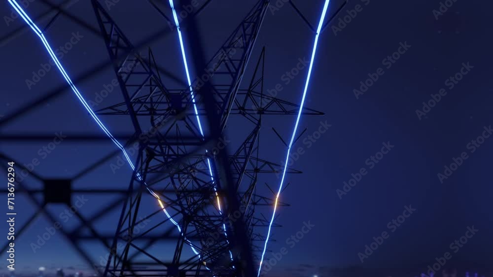 high voltage electric transmission tower with glowing current line ...