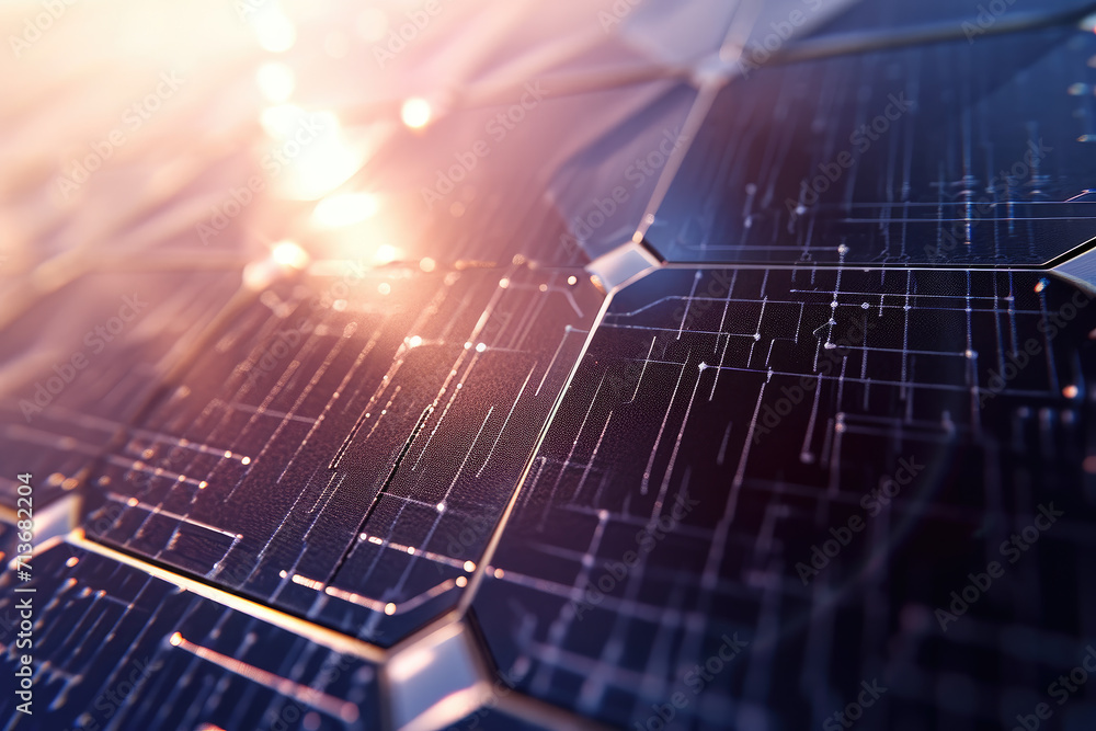 Golden sunset light reflects on an expansive array of photovoltaic ...