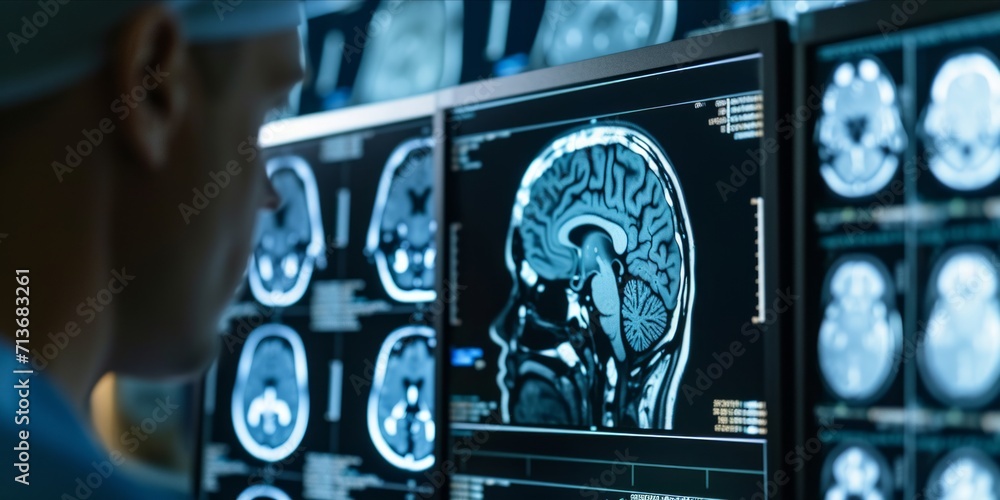 Visual exploration of a brain disease scan displayed on a computer screen. Examining the diverse ...