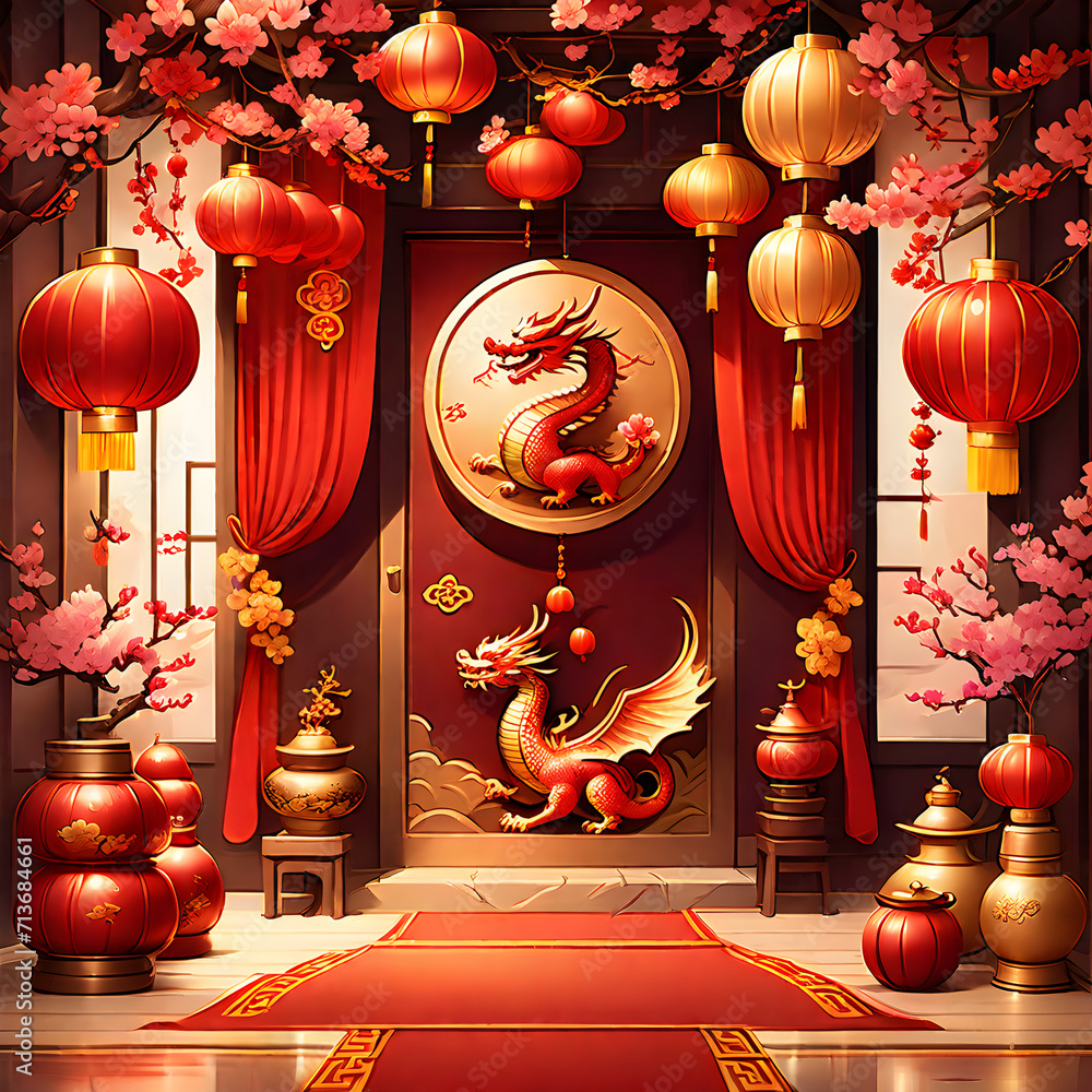 Decorate a room with traditional red and gold decorations, including ...