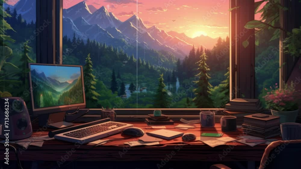 Lofi empty interior. Messy desk, window view of a forest, jungle. Anime ...
