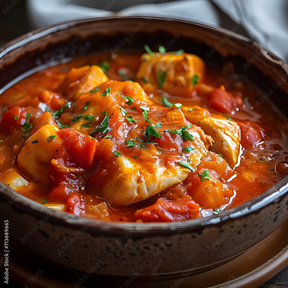 Prompt Ye'fish Goulash, fish stew, in a traditional bowl, simple and ...
