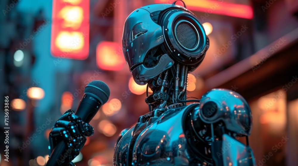 Futuristic robot with advanced AI holding a microphone in a modern ...