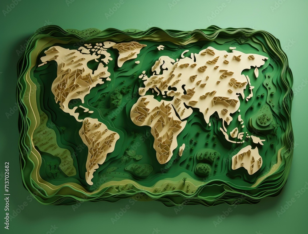 A rustic layered papercut world map with a green palette. Generative AI ...