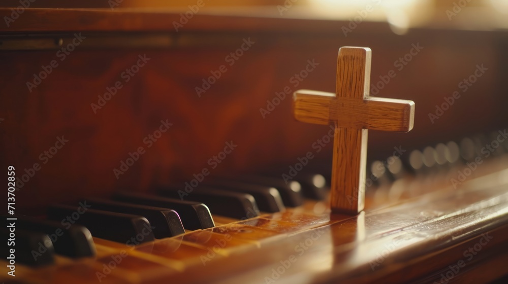 Simple wooden cross on the lid of a grand piano in a serene, reflective ...