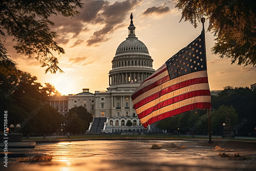 American flag against the background of the White House in Washington ...