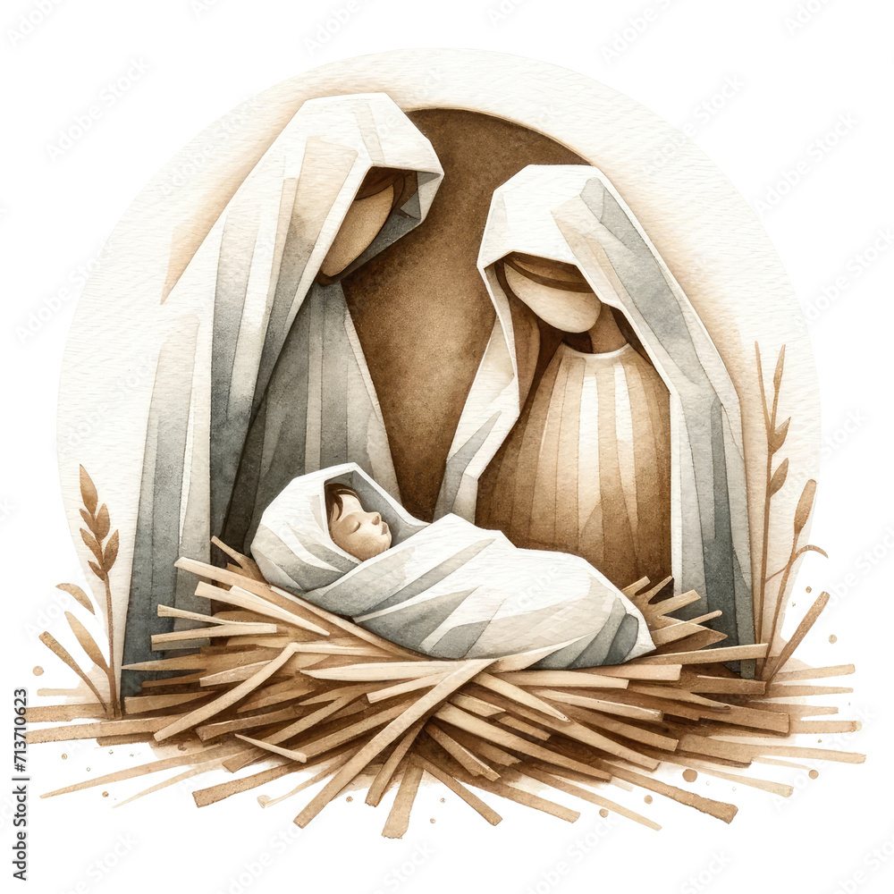 Serene watercolor depiction of the Nativity scene, with Mary and Joseph ...