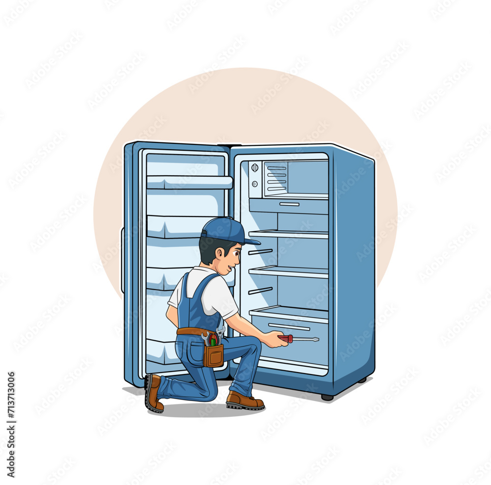 HVAC Service Cartoon Character Repairing Refrigerator Design ...