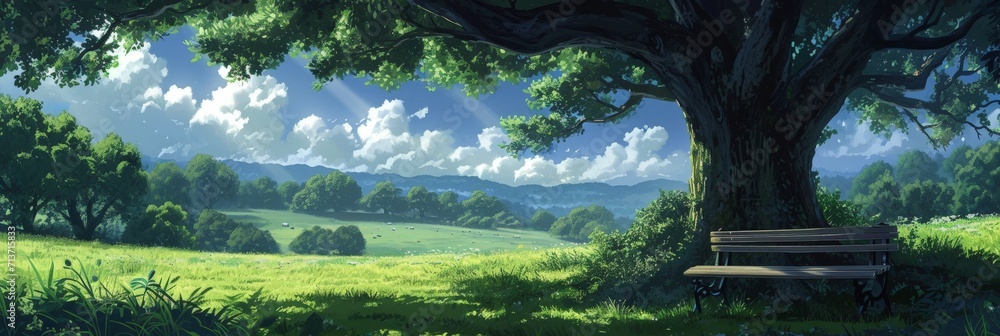 Bench under a Huge Tree giving Shade to study looking over the Vast ...