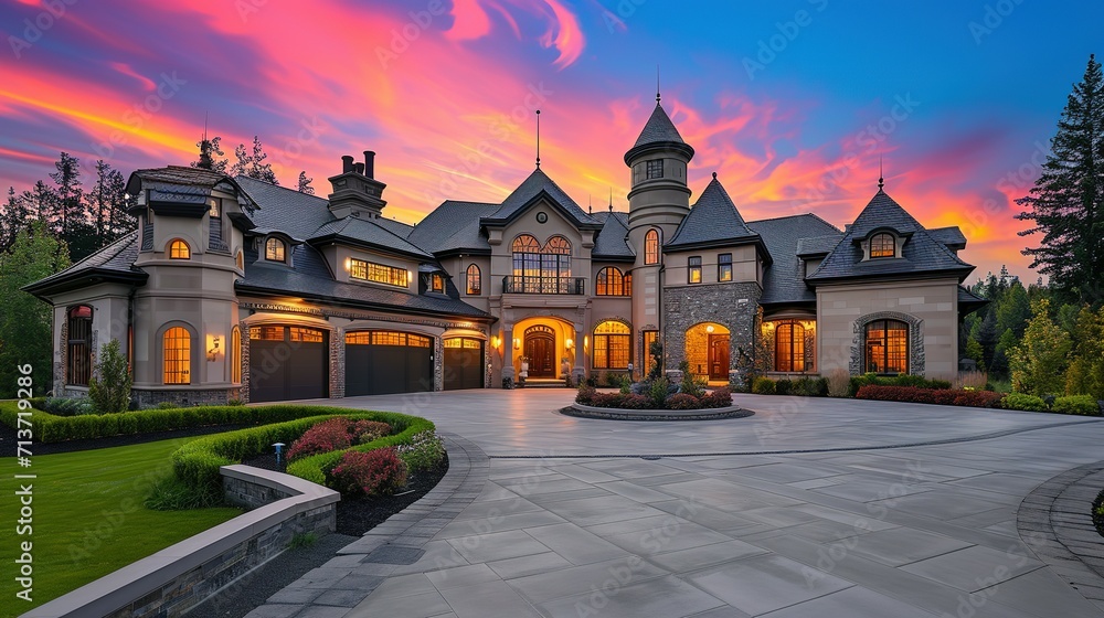 Stunning Luxury Home Exterior at Sunset with Colorful Sky and Expansive ...