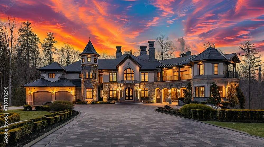 Stunning Luxury Home Exterior at Sunset with Colorful Sky and Expansive ...