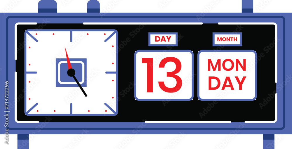 Retro flip clock showing time and date with Monday 13. Analog clock and ...