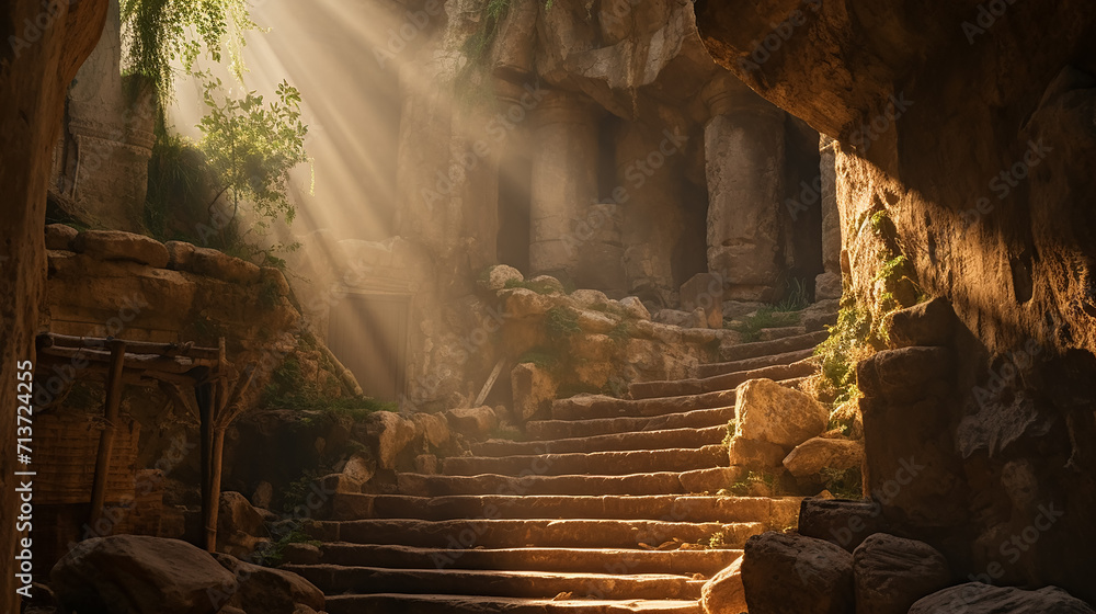 Religious Easter background, with strong light rays shining through the ...