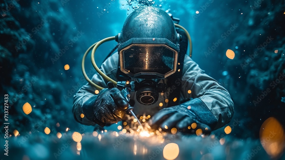 an underwater diver worker wearing a Military watch and welding a tube ...