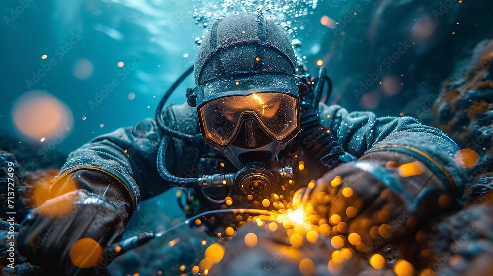 an underwater diver worker wearing a Military watch and welding a tube ...