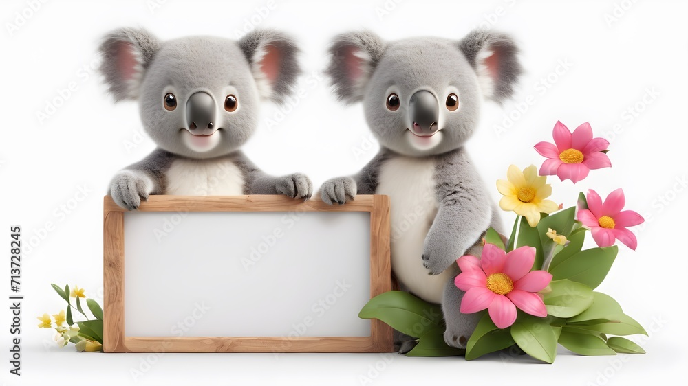 Cute Koala holding wooden sign board on white screen,copy blank space ...