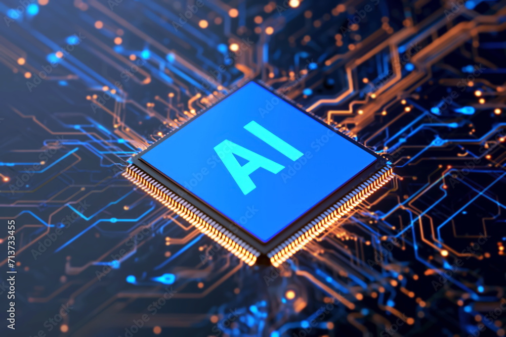 AI chip on pcb. Artificial intelligence microchip. AI chipset on ...