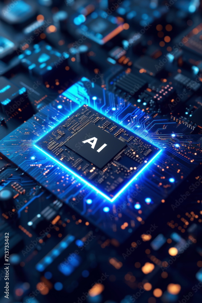 AI microchip on pcb. Artificial intelligence microchip. AI chipset on ...