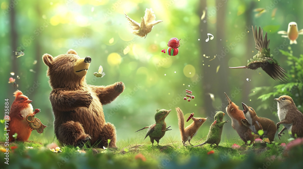 Playful scene of animals engaging in whimsical activities, such as a ...