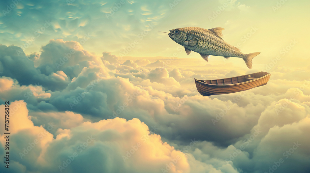 Whimsical scene of a flying fish pulling a small boat through the ...