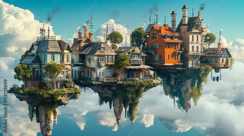 Surreal landscape of upside-down houses and floating islands ...