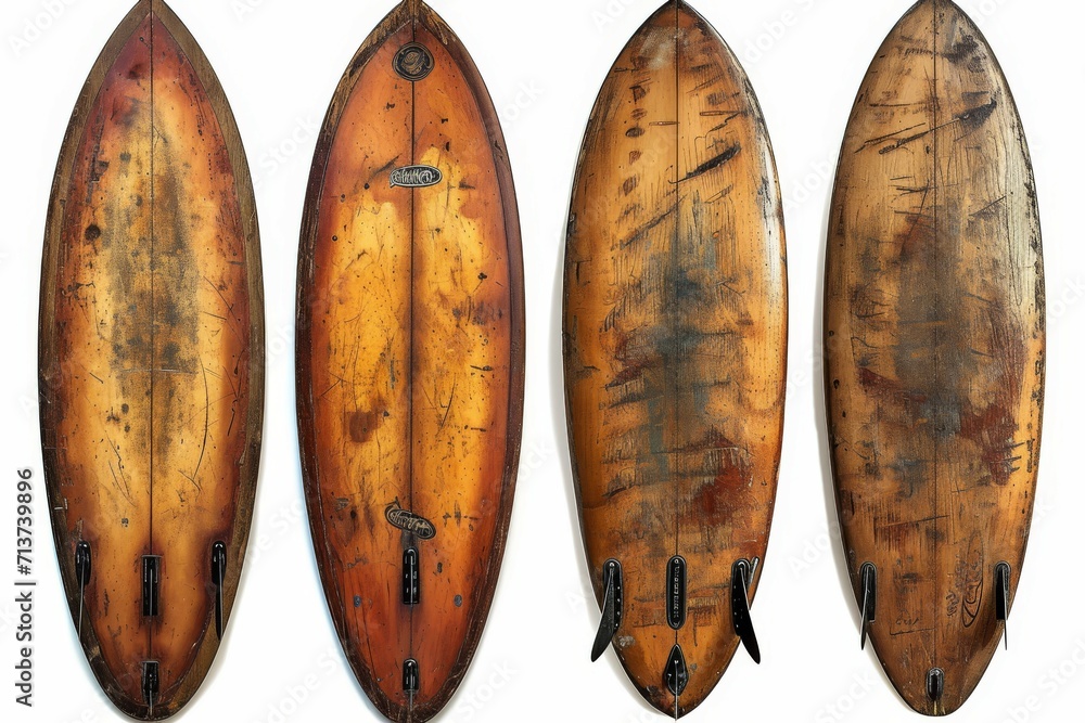 Collection of vintage wooden fishboard surfboard isolated on white with ...