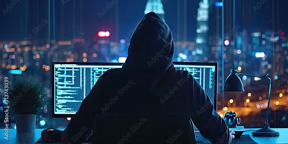 Hacker with computer in dark setting technology security breach hacking cyber internet virus web ...