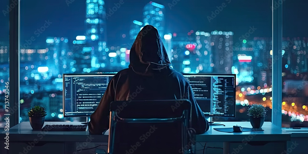 Foto de Hacker with computer in dark setting technology security breach hacking cyber internet ...