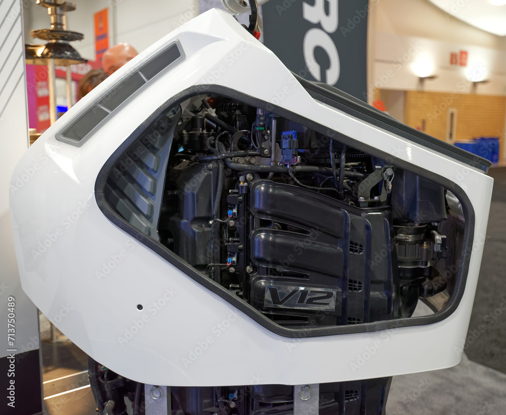 TORONTO-JANUARY 19, 2024: Mercury V12 outboard engine on display at the ...