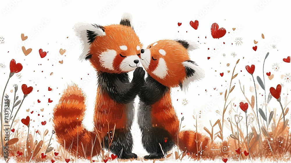 Illustration of a cute red panda couple in love kissing. Valentine's ...