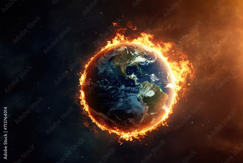 Illustration of planet earth ringed with the flames of global warming ...