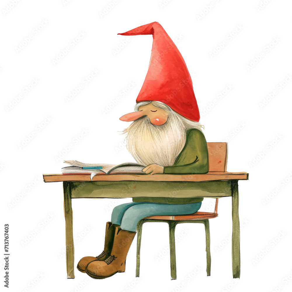 Back to school, Watercolor illustration of gnome is sitting on school ...