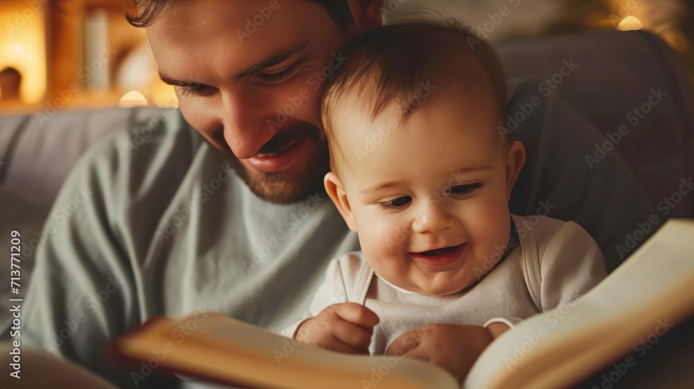 Happy father relax and read book with baby time together at home ...