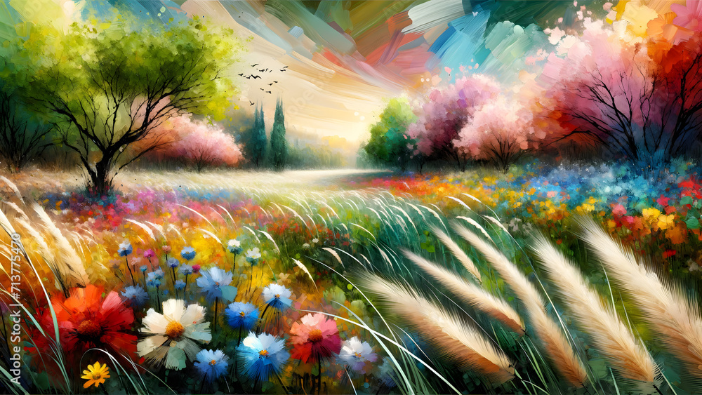 Vintage Landscape with Spring Sumer Season, Flower Nature's Symphony in ...