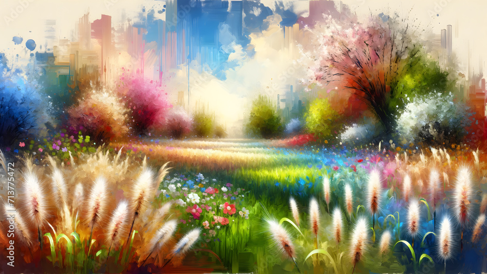 Vintage Landscape with Spring Sumer Season, Flower Nature's Symphony in ...