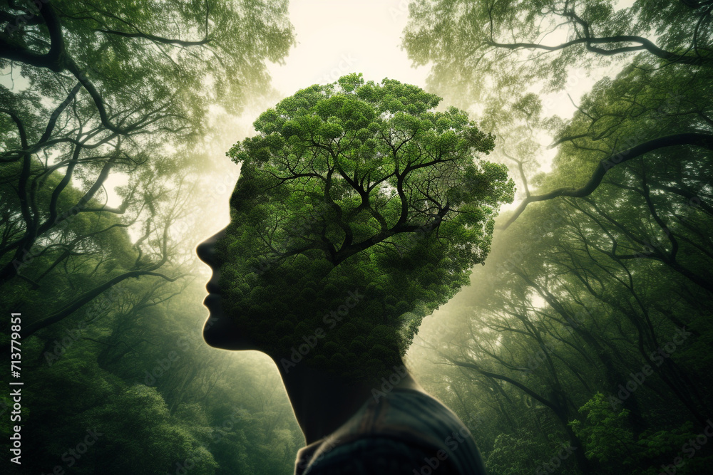 Nature, human connection with nature, environment concept. Human face ...