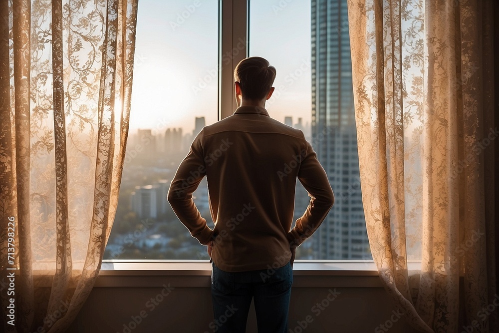 A back view young man opening curtain lace standing in luxury apartment ...
