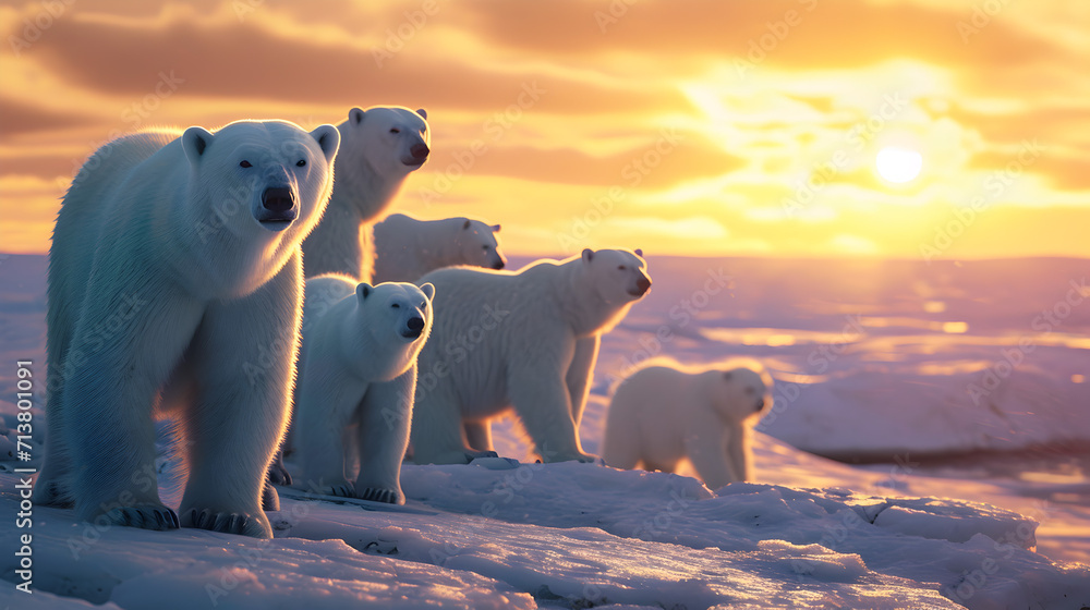 Polar bear family in the arctic region with setting sun shining. Group ...